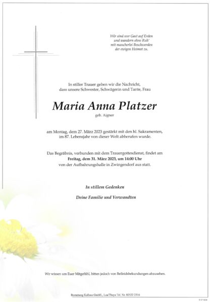 Maria Anna Platzer | Bestattung Kallaus
